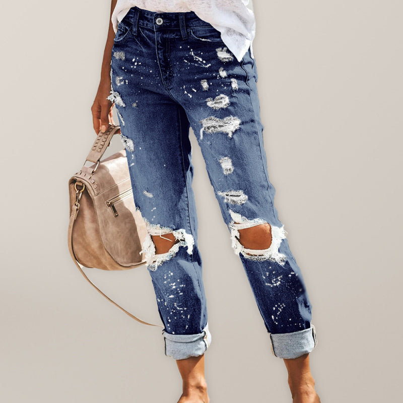 Women’s Five-Pocket Style Ripped Straight Leg Cuffed Denim Jeans – O'mila